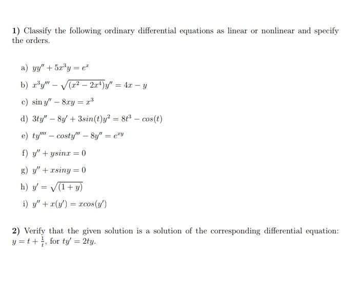 Solved 1) Classify the following ordinary differential | Chegg.com