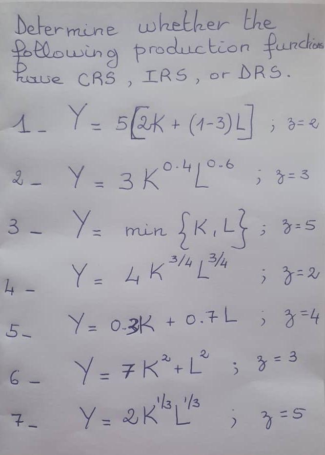 Solved Determine whether the following production functios | Chegg.com