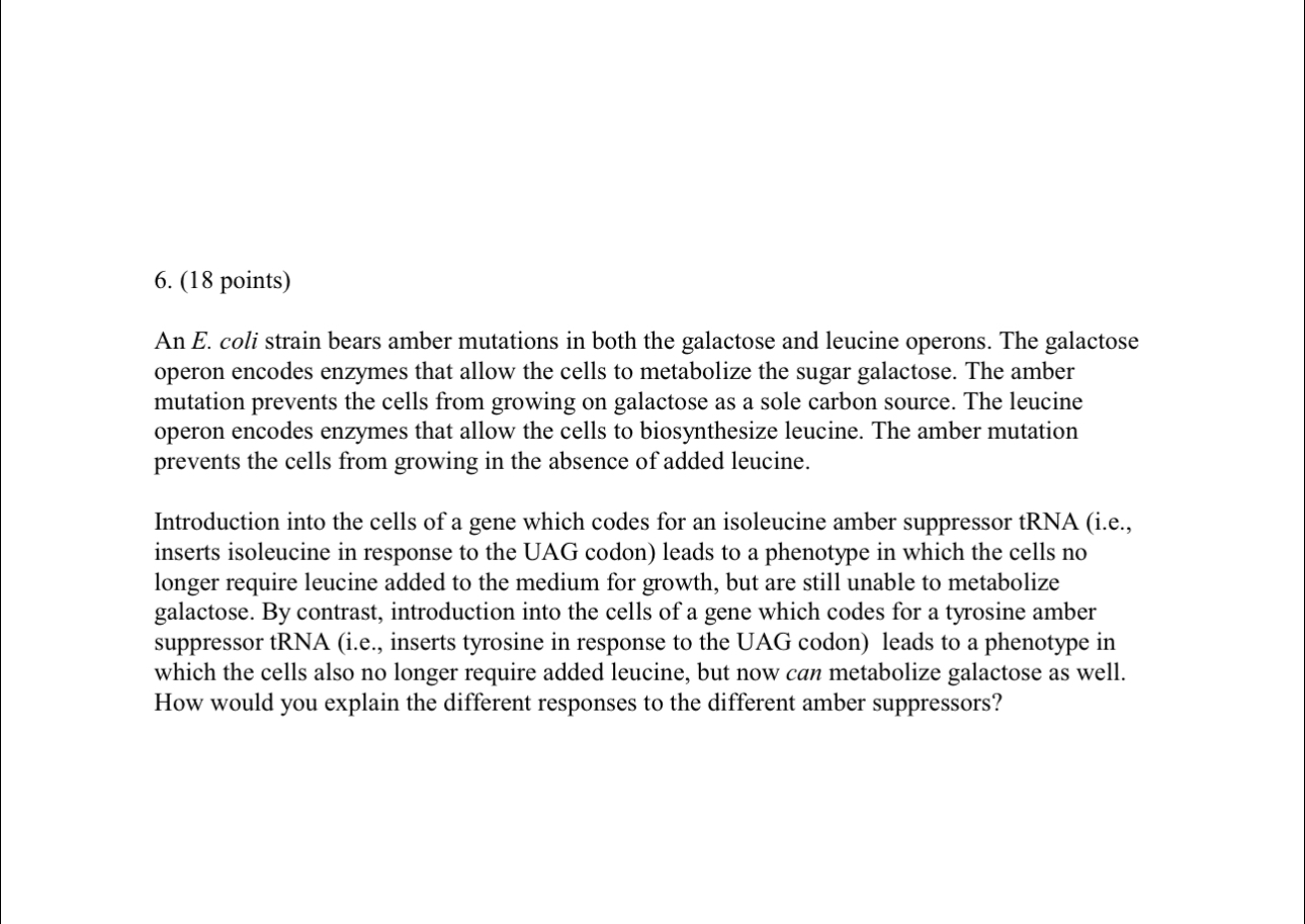 Solved (18 ﻿points)An E. ﻿coli strain bears amber mutations | Chegg.com