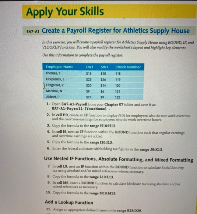 Apply Your Skills EA7-A1 Create a Payroll Register | Chegg.com