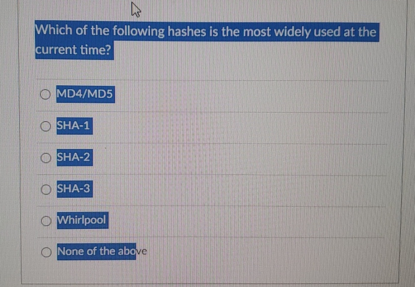 Solved Which of the following hashes is the most widely used | Chegg.com