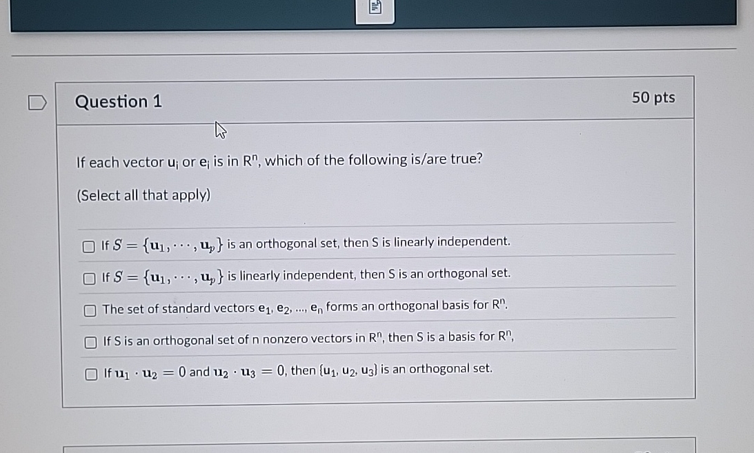 Solved Question 150 ﻿ptsIf each vector ui ﻿or ei ﻿is in Rn, | Chegg.com