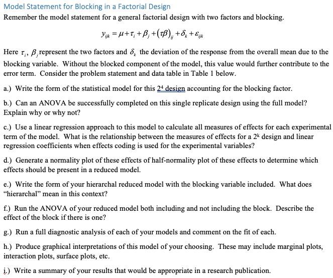 Solved Model Statement for Blocking in a Factorial Design | Chegg.com