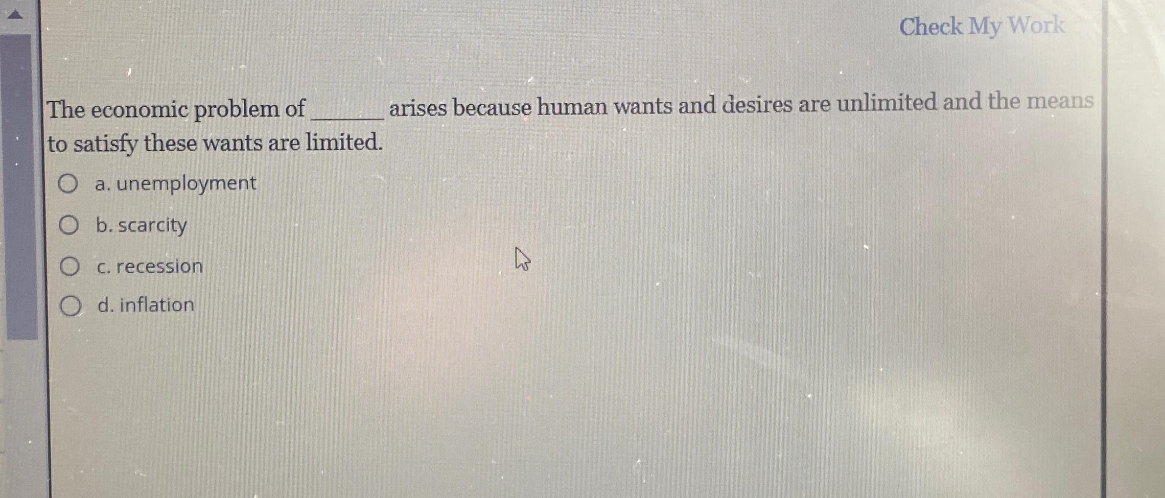 Solved Check My WorkThe economic problem of arises because | Chegg.com