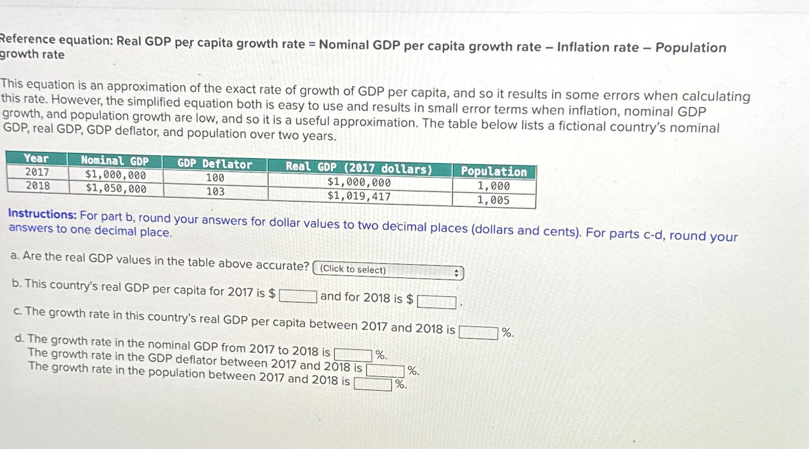 Solved Reference equation: Real GDP per capita growth rate = | Chegg.com