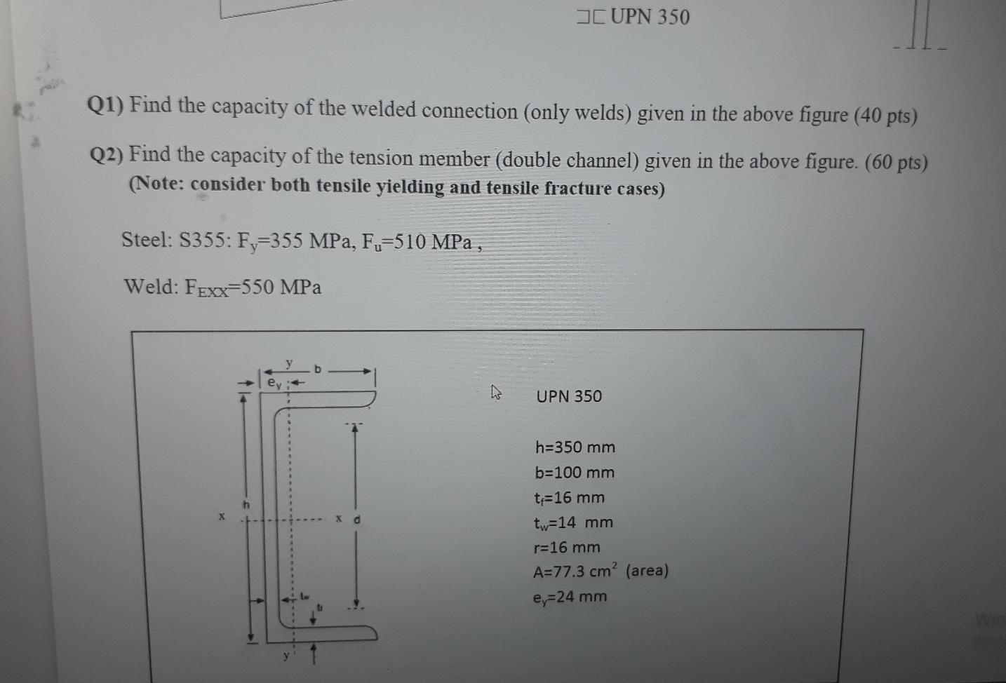 Solved t = 20 mm P 600 mm DI UPN 350 21) Find the capacity | Chegg.com