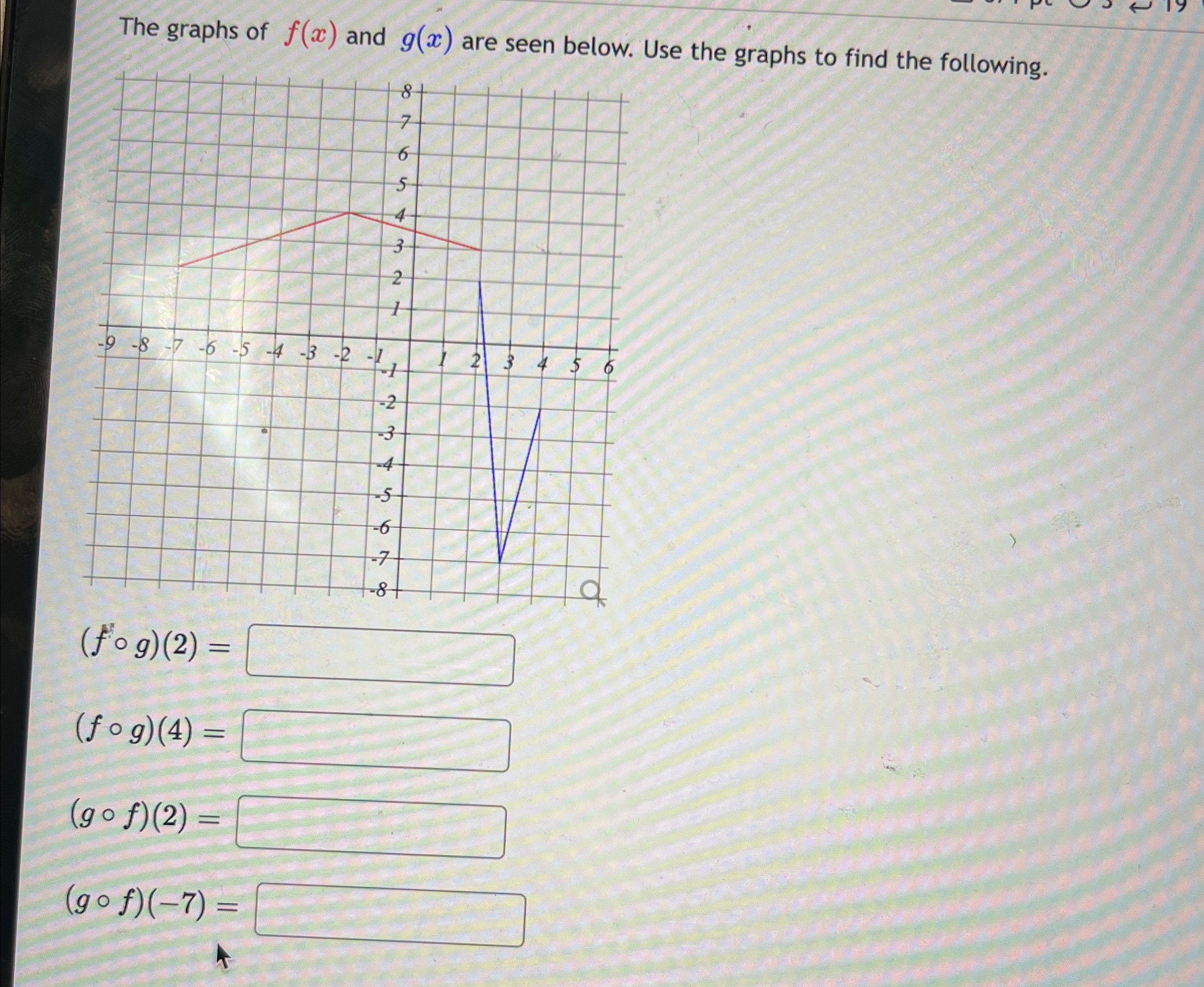Solved The graphs of f(x) ﻿and g(x) ﻿are seen below. Use the | Chegg.com