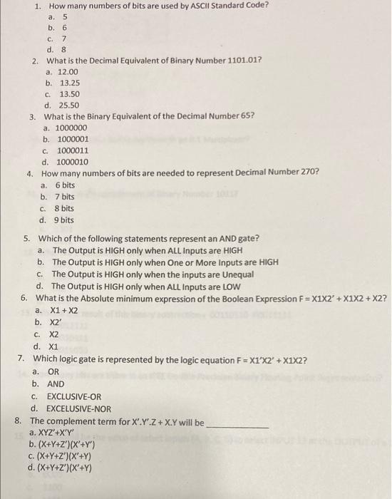 Solved 1. How many numbers of bits are used by ASCII | Chegg.com