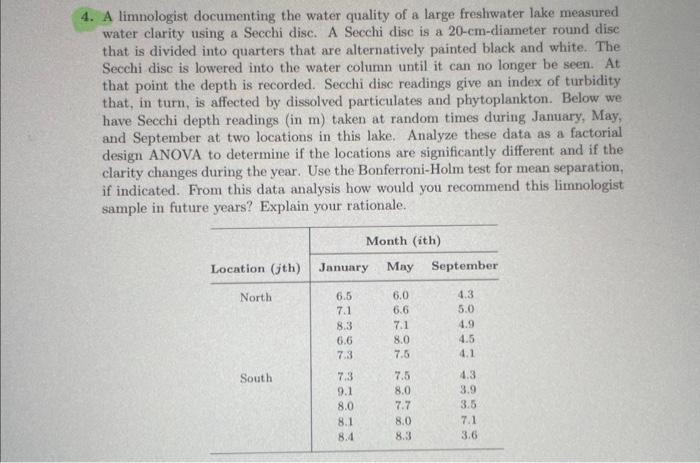Solved 4. A limnologist documenting the water quality of a | Chegg.com