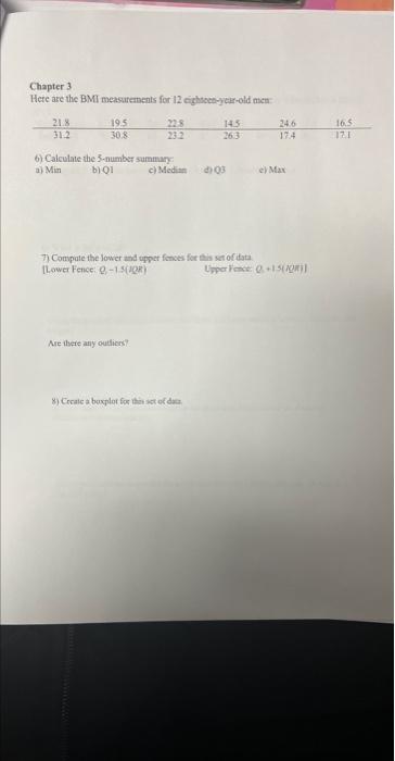 Solved Chapter 3 Hete are the BMI measurenents for 12 | Chegg.com