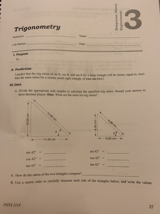 Solved Response Sheet Experiment 113 Trigonometry Instructor | Chegg.com