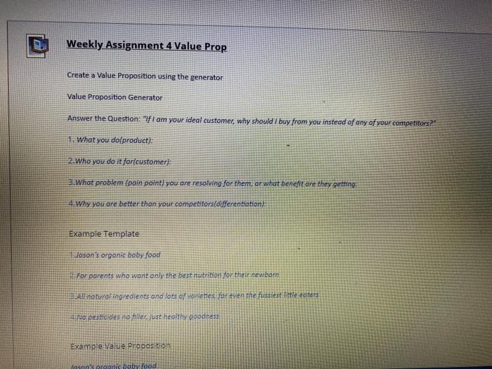 Weekly Assignment 4 Value Prop Create a Value | Chegg.com