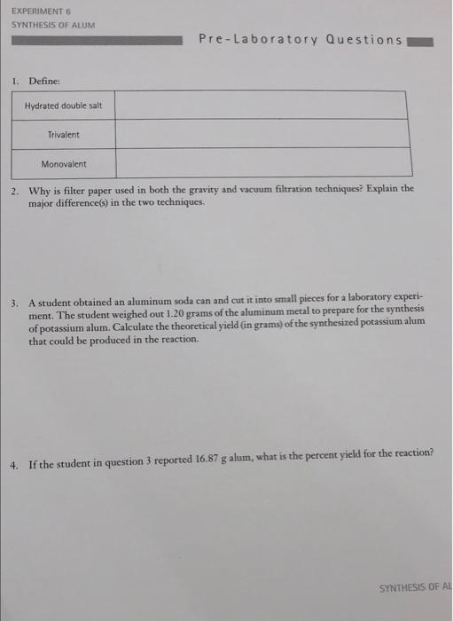 Solved EXPERIMENTE SYNTHESIS OF ALUM Pre-Laboratory | Chegg.com