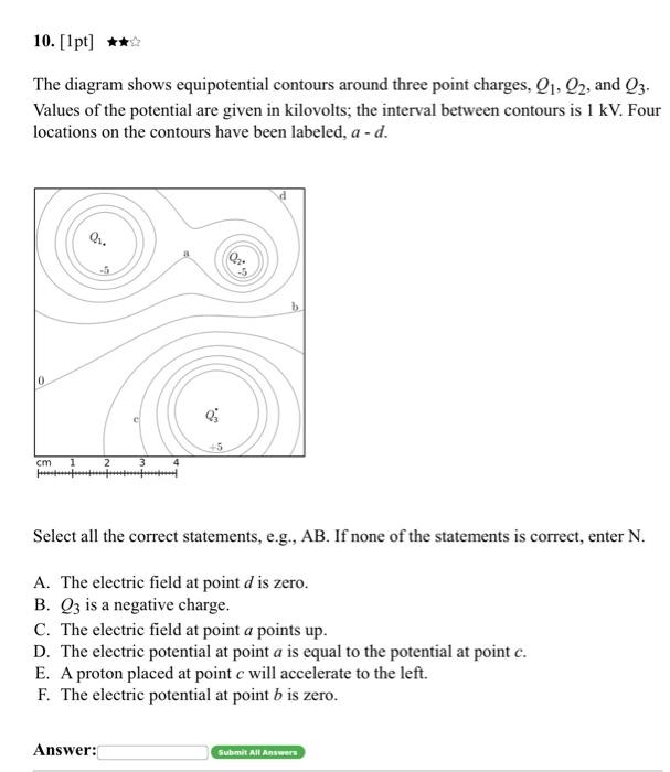 Solved The diagram shows equipotential contours around three | Chegg.com