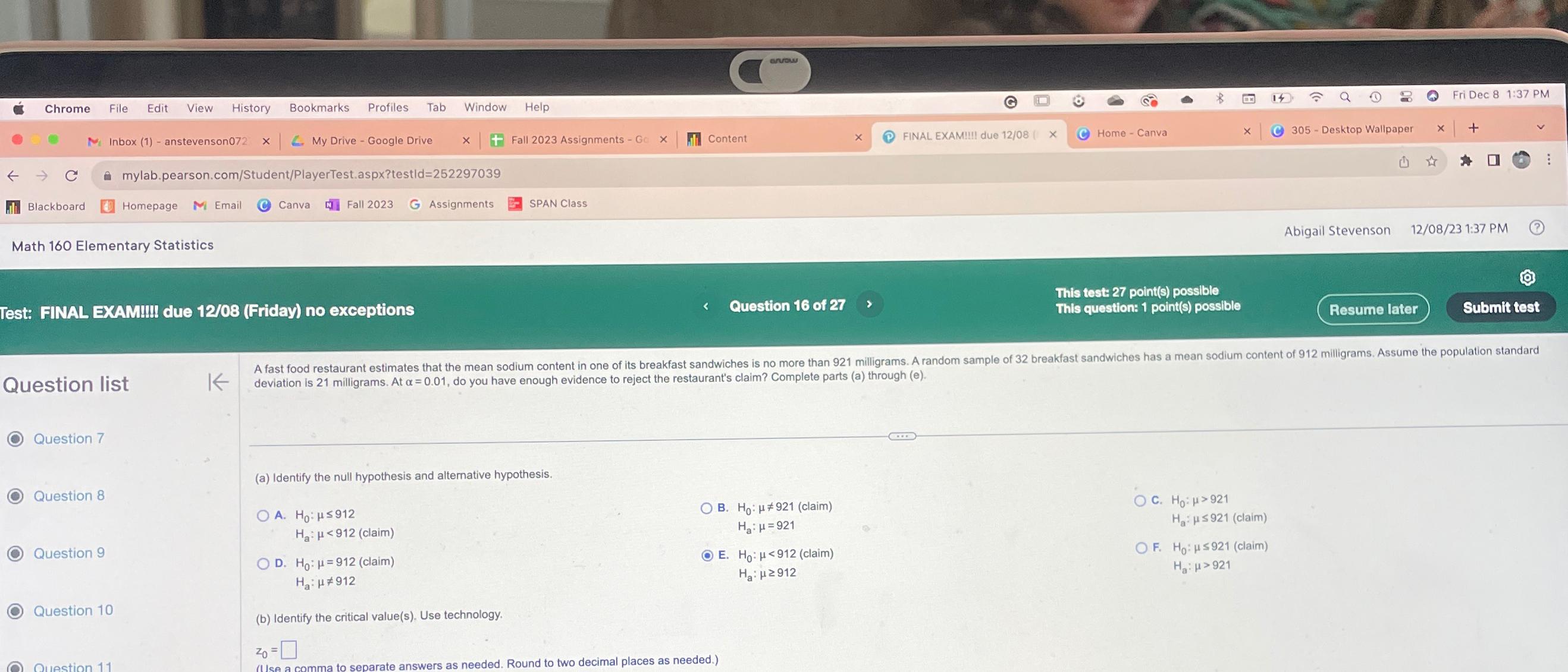 Solved Math 160 ﻿Elementary StatisticsAbigail | Chegg.com