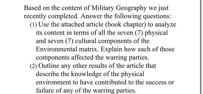 Solved Based on the content of Military Geography we just | Chegg.com