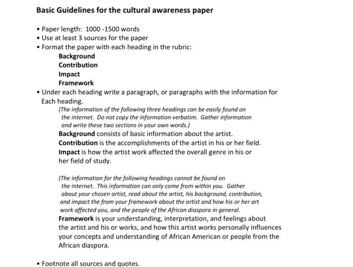 Basic Guidelines for the cultural awareness paper • | Chegg.com