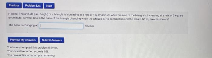 Solved Previous Problern List Next et point) The altitude | Chegg.com