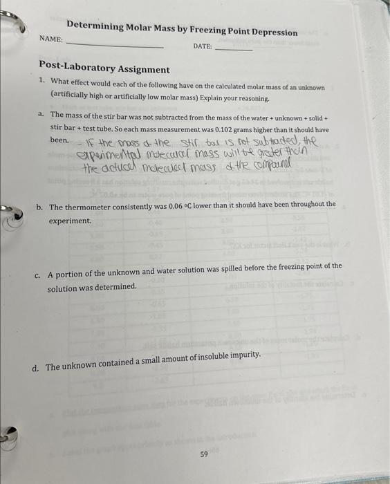 Solved Determining Molar Mass by Freezing Point Depression | Chegg.com