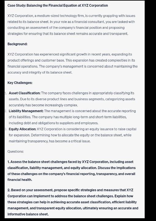 Solved Case Study: Balancing the Financlal Equation at XYZ | Chegg.com