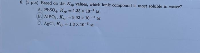 Solved 6. (3 pts) Based on the Ksp values, which ionic | Chegg.com