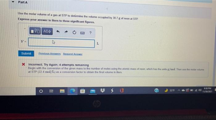 Solved Part A Use the molar volume of a gas at STP to | Chegg.com