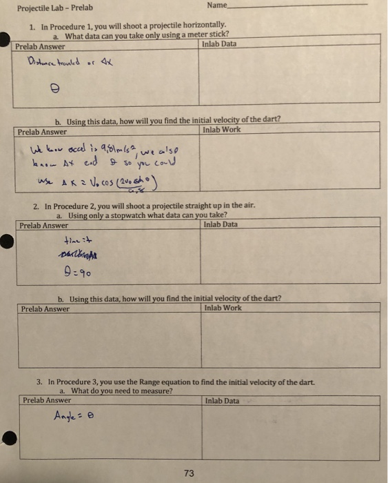 Solved Projectile Lab - Prelab Name 1. In Procedure 1. you | Chegg.com