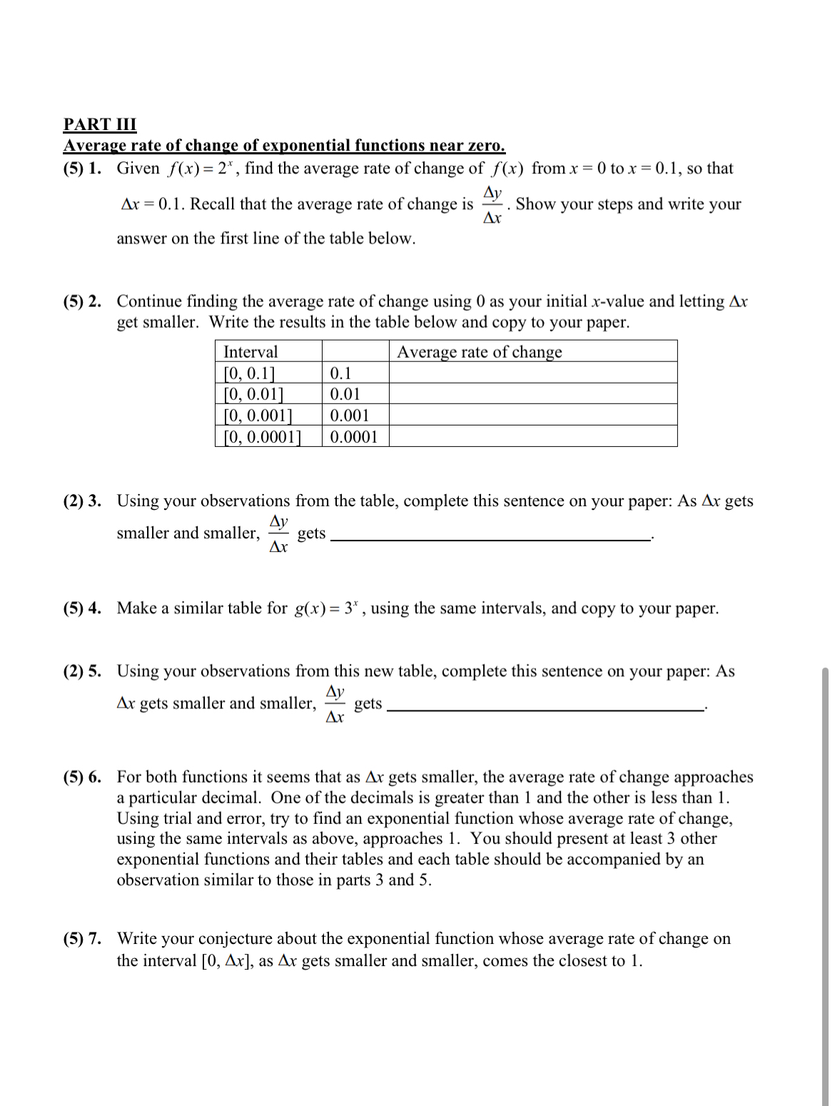 Solved PART IIIAverage rate of change of exponential | Chegg.com