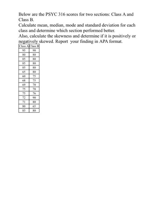 Solved Below are the PSYC 316 scores for two sections: Class | Chegg.com