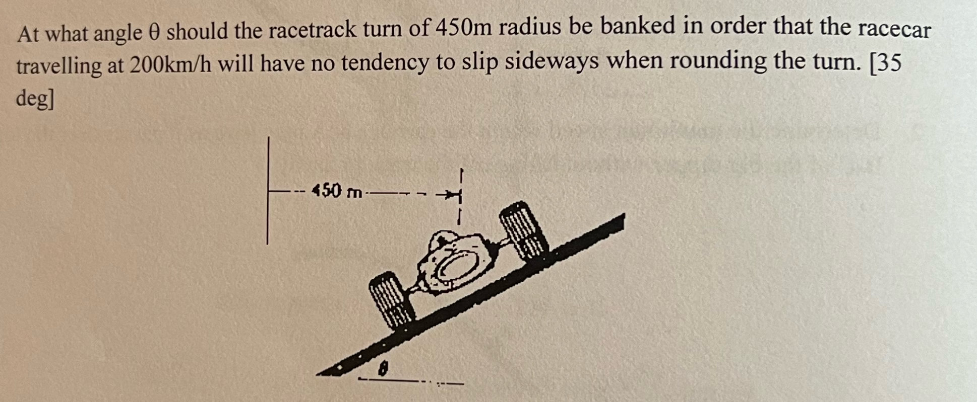 Solved At what angle θ ﻿should the racetrack turn of 450m | Chegg.com