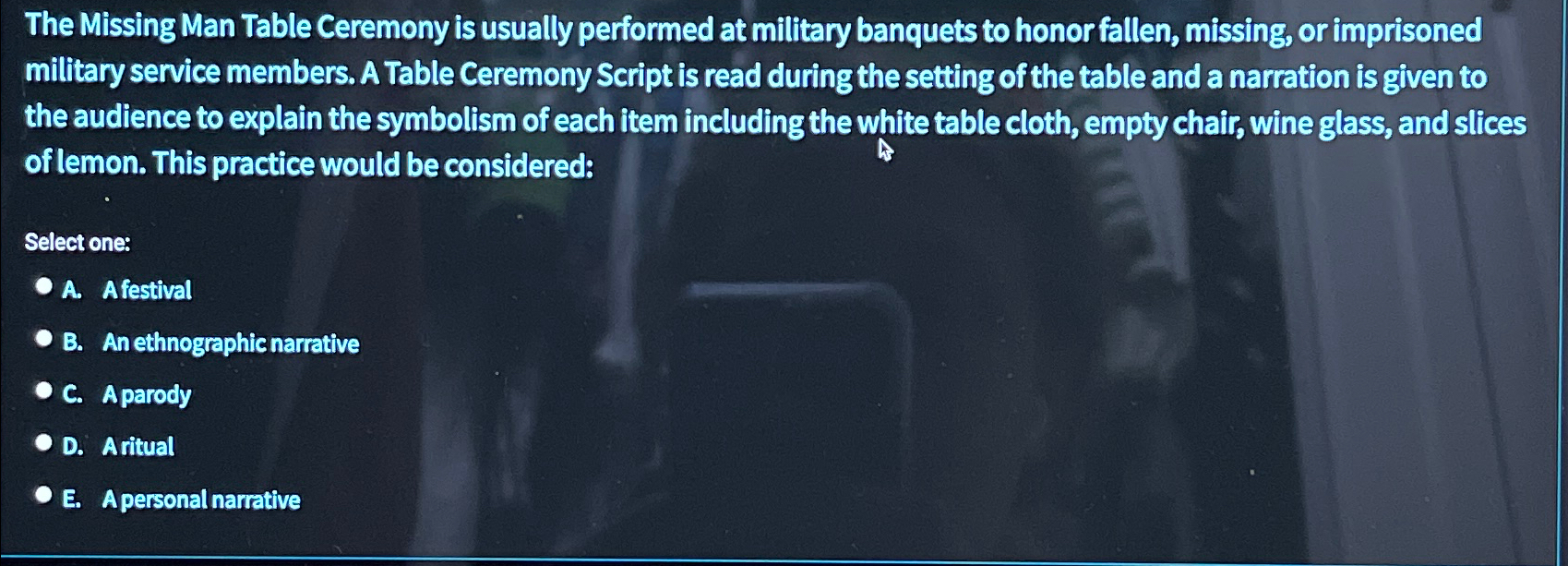 Solved The Missing Man Table Ceremony is usually performed | Chegg.com