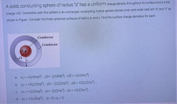 Solved A solid, conducting sphere of radius "a" has a | Chegg.com