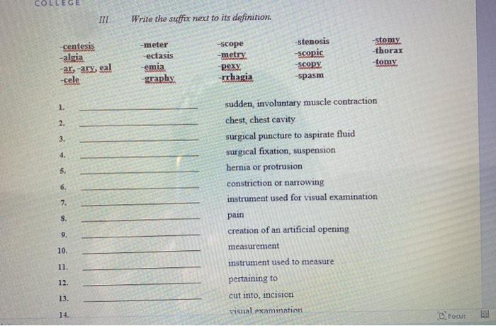 Solved II Write the suffix next to its definition. centesis | Chegg.com