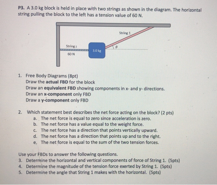 Solved P3. A 3.0 kg block is held in place with two strings | Chegg.com