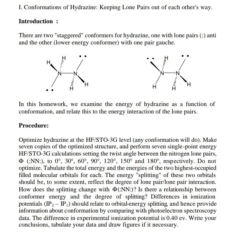 I. Conformations of Hydrazine: Keeping Lone Pairs out | Chegg.com