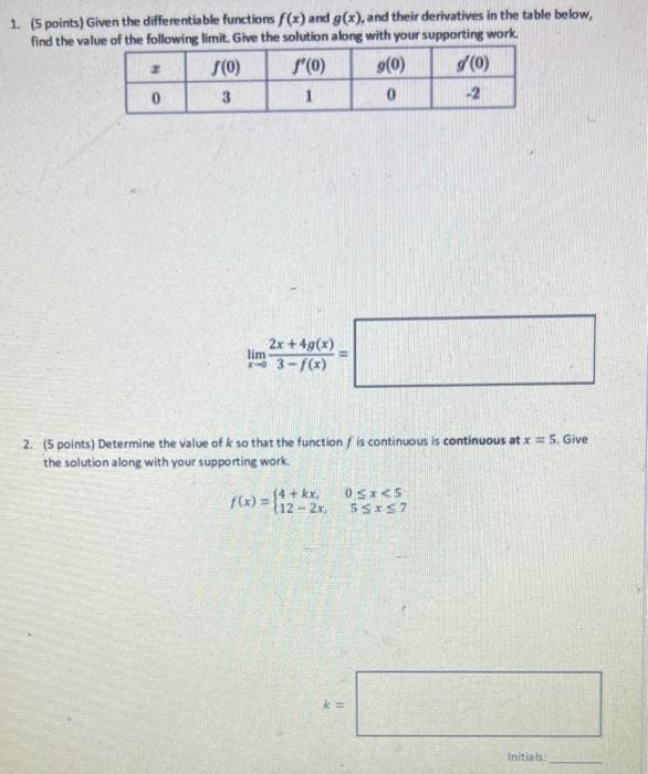 Solved 1. (5 points) Given the differentiable functions f(x) | Chegg.com