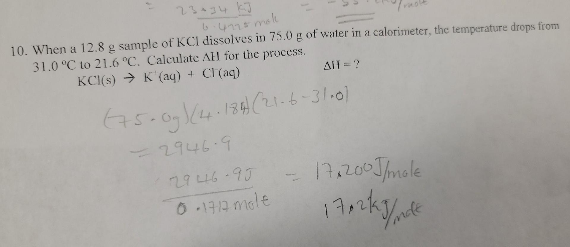 Solved 23+34 KJ 6.4775 mole 10. When a 12.8 g sample of KCl | Chegg.com