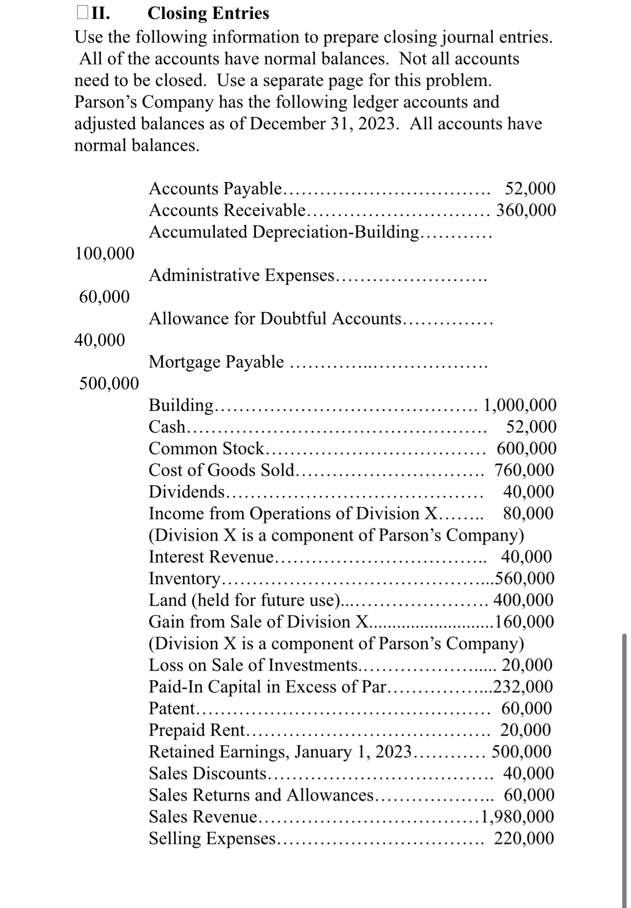 Solved II. ﻿Closing EntriesUse the following information to | Chegg.com