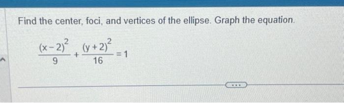 Solved Find the center, foci, and vertices of the ellipse. | Chegg.com