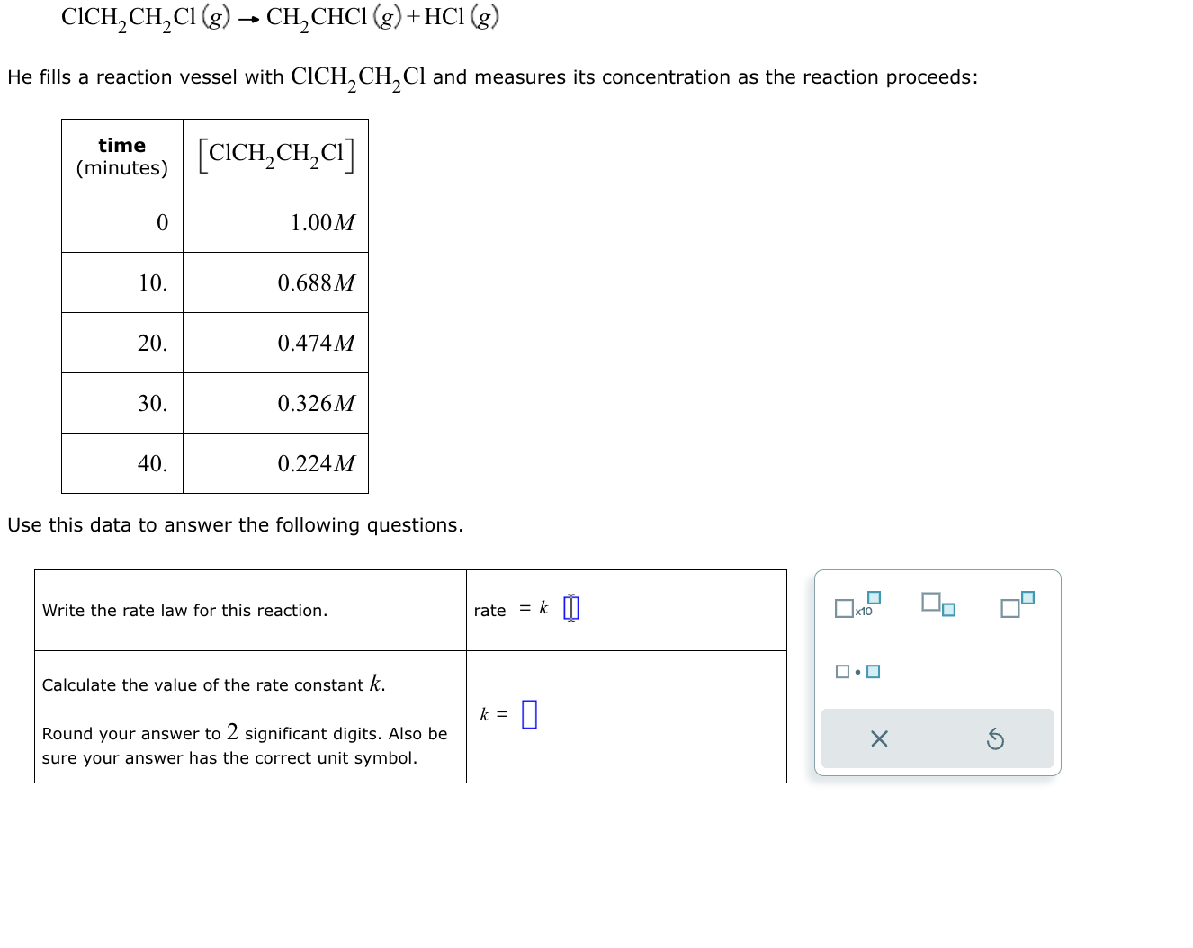 Solved ClCH2CH2Cl(g)→CH2CHCl(g)+HCl(g)He fills a reaction | Chegg.com