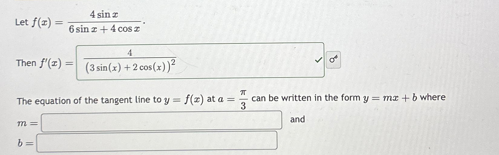 Solved Let f(x)=4sinx6sinx+4cosx.Then The equation of the | Chegg.com