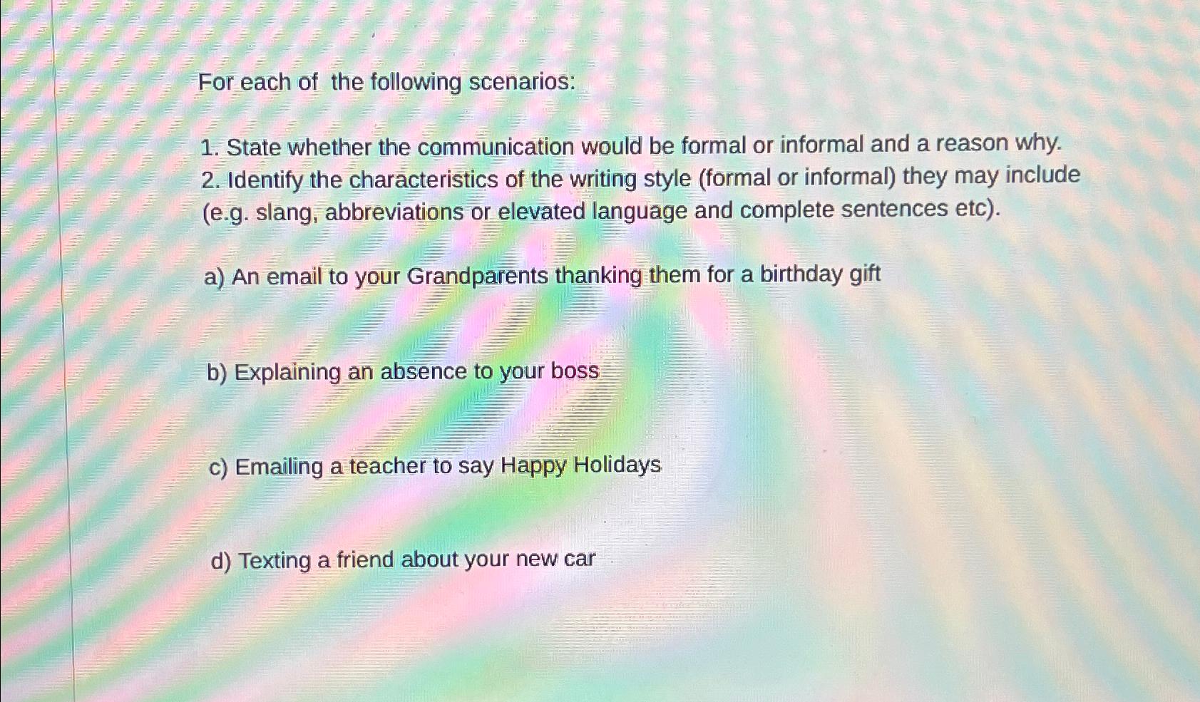 Solved For each of the following scenarios:State whether the | Chegg.com