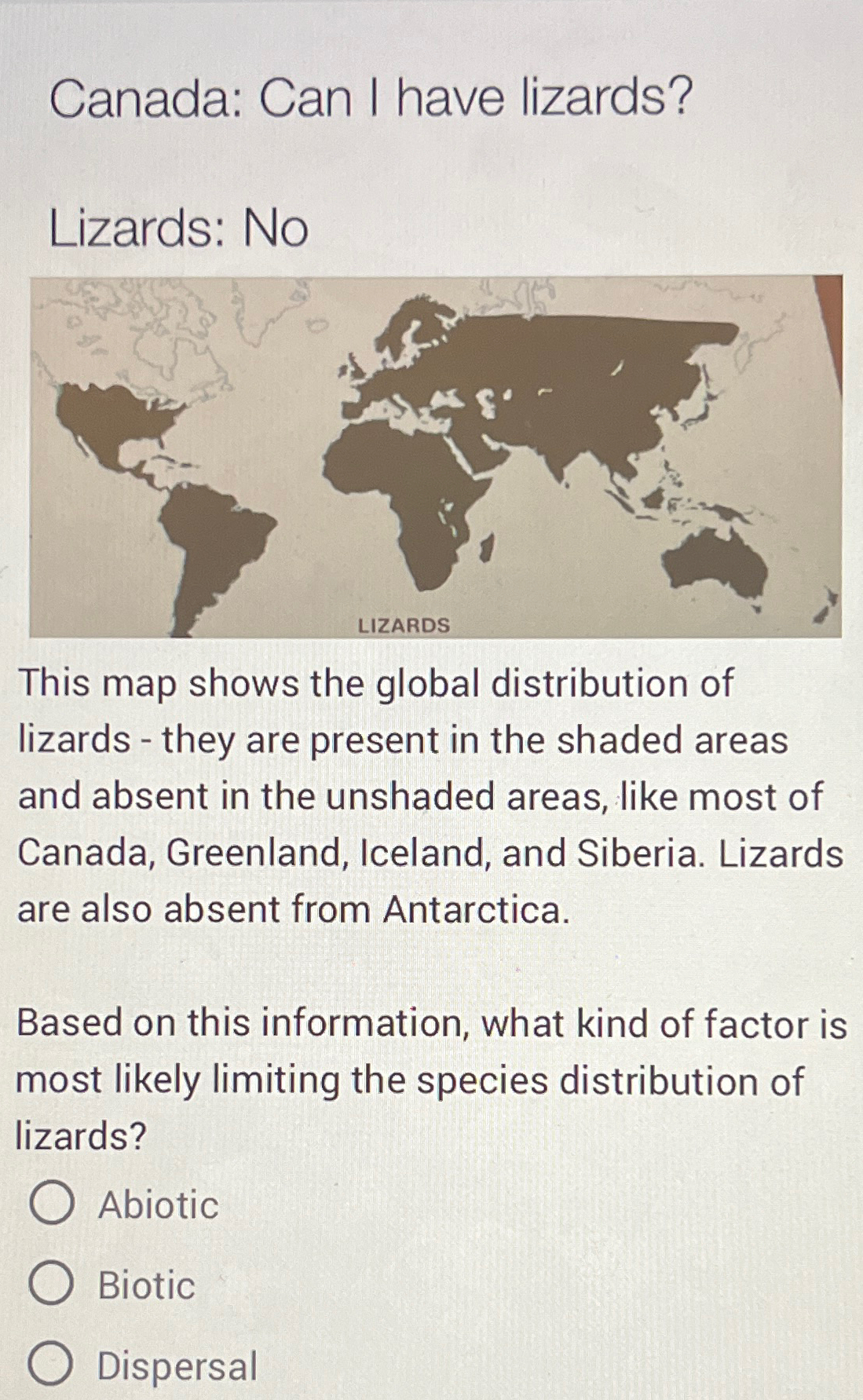 Solved Canada: Can I have lizards?Lizards: NoThis map shows | Chegg.com