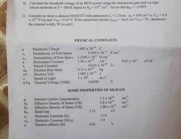 Solved 1.Calculate the threshold voltage of an MOS system | Chegg.com