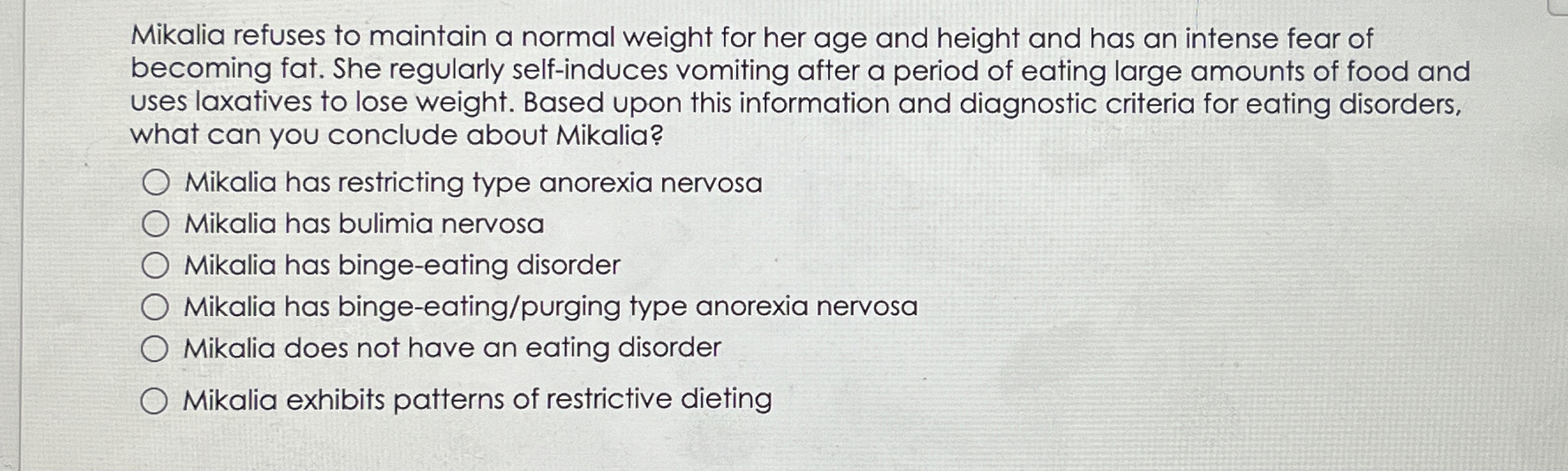 Solved Mikalia refuses to maintain a normal weight for her | Chegg.com