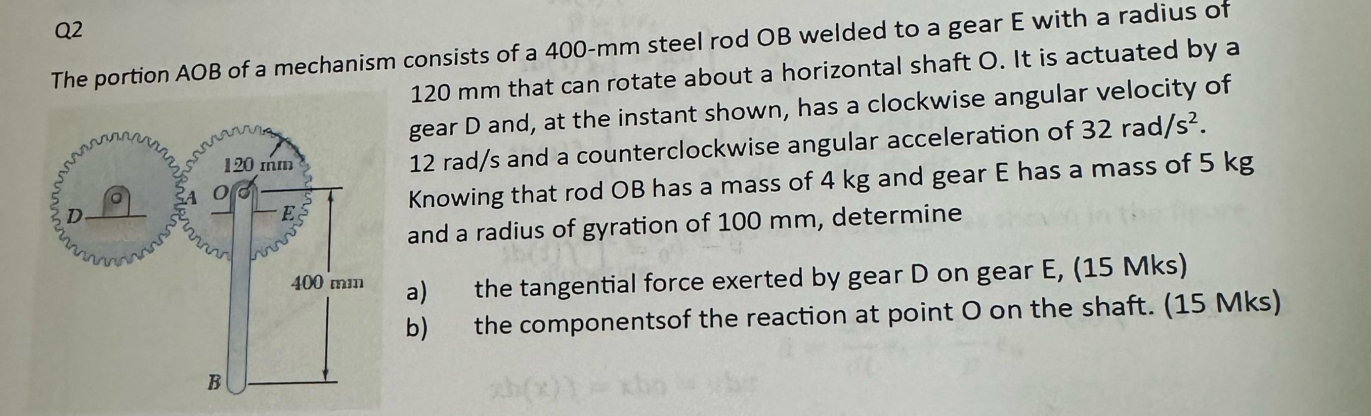 Solved Q2The portion AOB of a mechanism consists of a 400-mm | Chegg.com