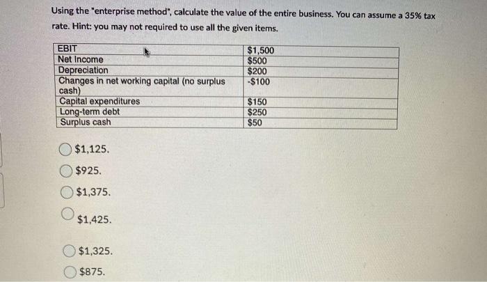 Solved Using the "enterprise method", calculate the value of | Chegg.com