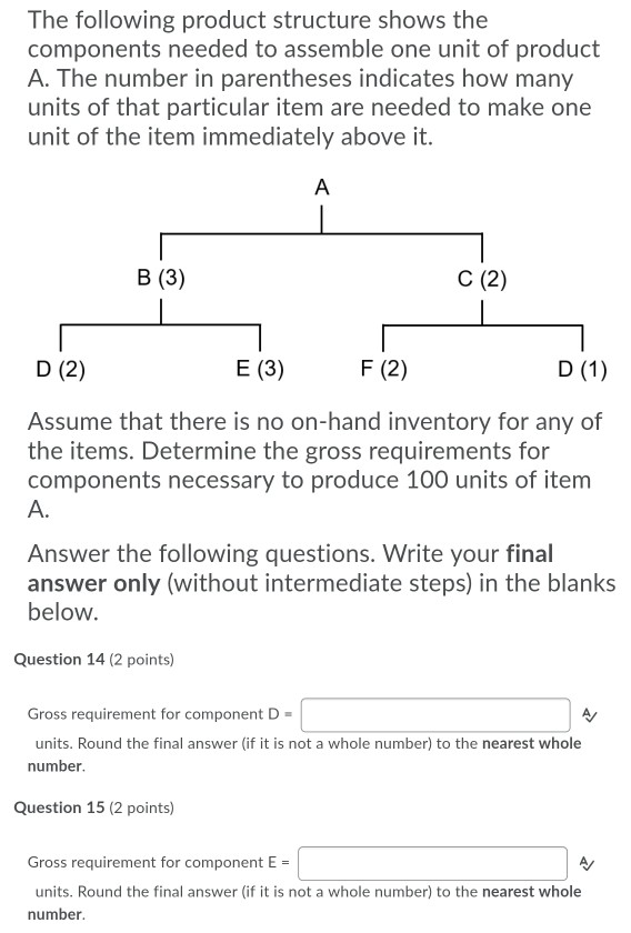 Solved The following product structure shows the components | Chegg.com