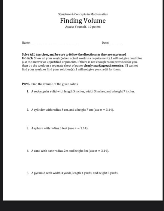 Solved Structure \& Concepts in Mathematics Finding Volume | Chegg.com