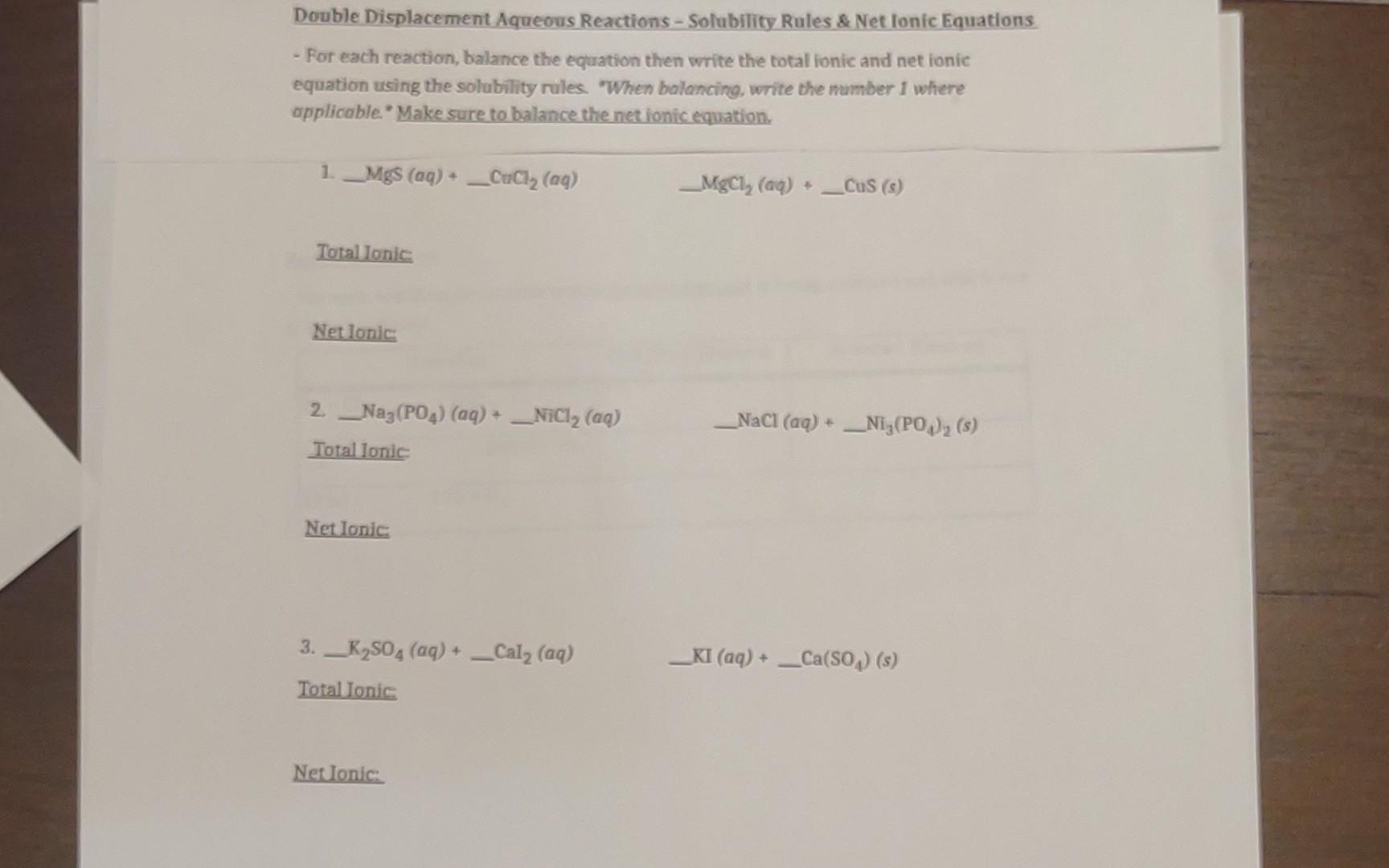 Double Displacement Aqueous Reactions-Solubility | Chegg.com